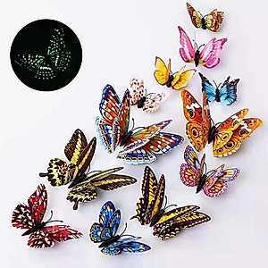 3D Butterfly Wall Decor,12pcs Double Wings Butterfly Decorations, Butterfly Party Decorations,Glow in the Dark Butterfly Decoration For Bedroom Decorations Butterfly Wall Stickers and Butterfly Wall Decals (Colorful)
