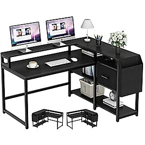 Loomie Reversible L Shaped Computer Desk with Drawer, 55" W x 41" D Industrial Corner Computer Desk with 4 Tier Storage Shelves & Monitor Stand and Storage Bag, Study Table for Home Office, Black