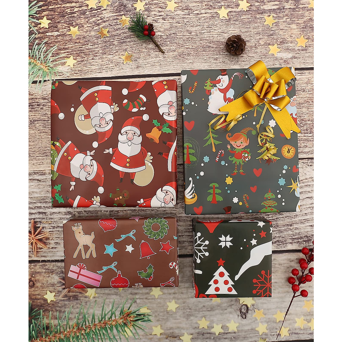 U'COVER Christmas Gift Wrapping Paper for Kids Boys Girls Baby Women Men Xmas Present Wrapping Paper 4 Style Christmas Santa Claus Snoman Tree Snowflake Deer Gift Wrap 12 FOLDED SHEET 20×29inch