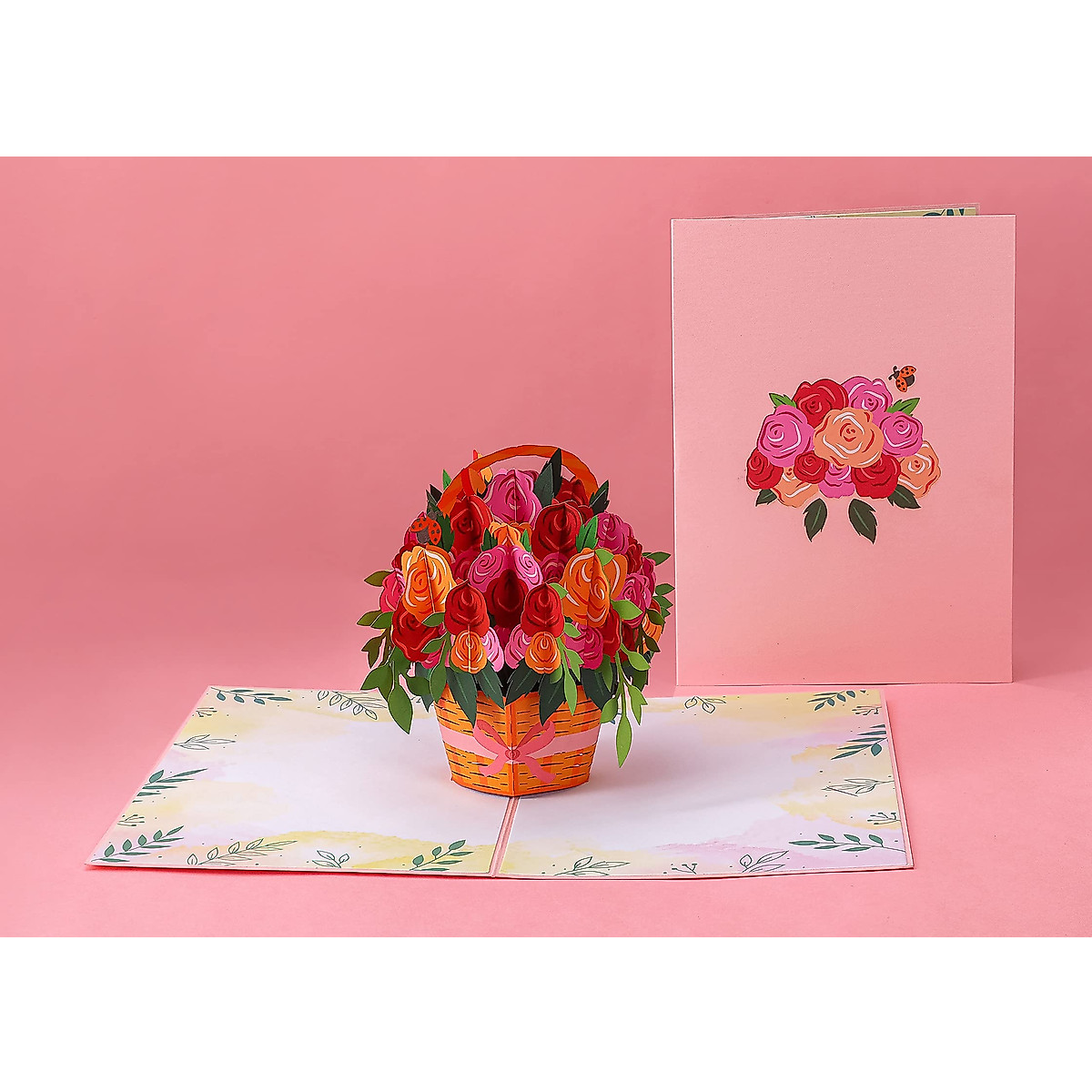 Paper Love 3D Rose Basket Romantic Pop Up Card, For Valentines Day, Mothers Day, All Occasions - 5" x 7" Cover - Includes Envelope and Note Tag