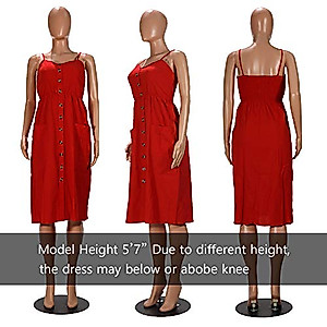 Womens Summer Button Down Casual Swing Plain Solid Midi Dress Pockets Red X-Large