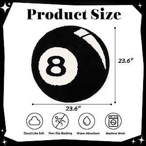 DyeFury 8 Ball Rug W/Specular Highlight, 24" Black and White Hypebeast Accent Rug, Cool Rugs Non-Slip, Trendy Fun Y2K Circle Rug, Aesthetic Alt Room Deocr, Washable Cute Round Rug