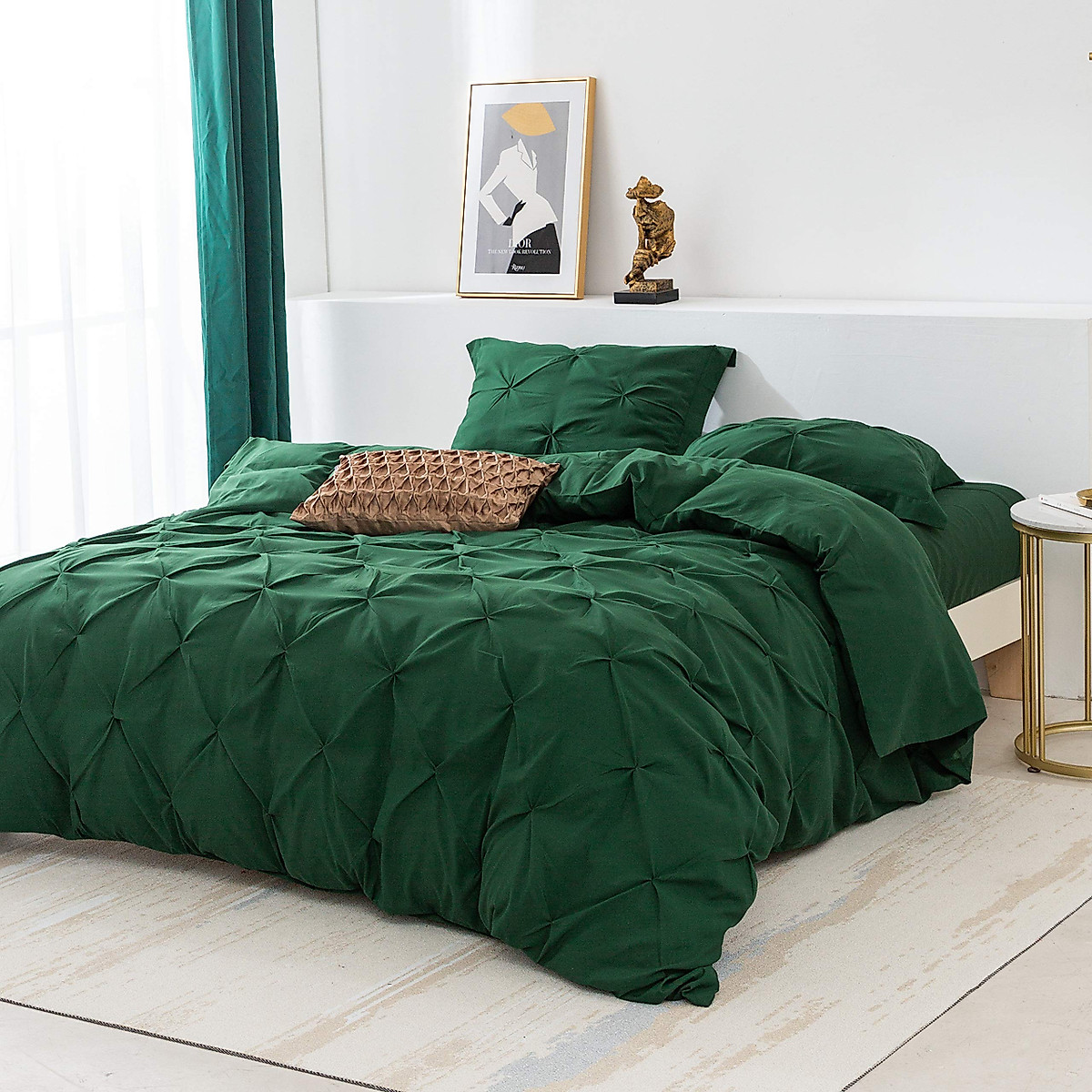 3 Pieces Bedding Duvet Cover Set, Pinch Pleated King Duvet Cover, Pintuck Comforter Quilt Cover with 2 Pillow Shams-King-104 X 90 inches-Green