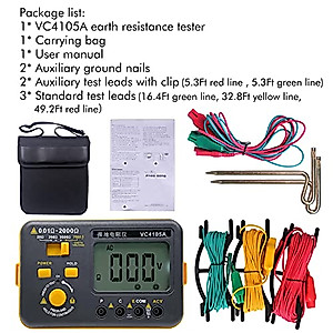 VC4105A Earth Resistance Tester Digital Grounding Resistance Meter 20/200/2000Ω Ground Resistance 750V AC Voltage Measure Backlight LCD Display Data Hold