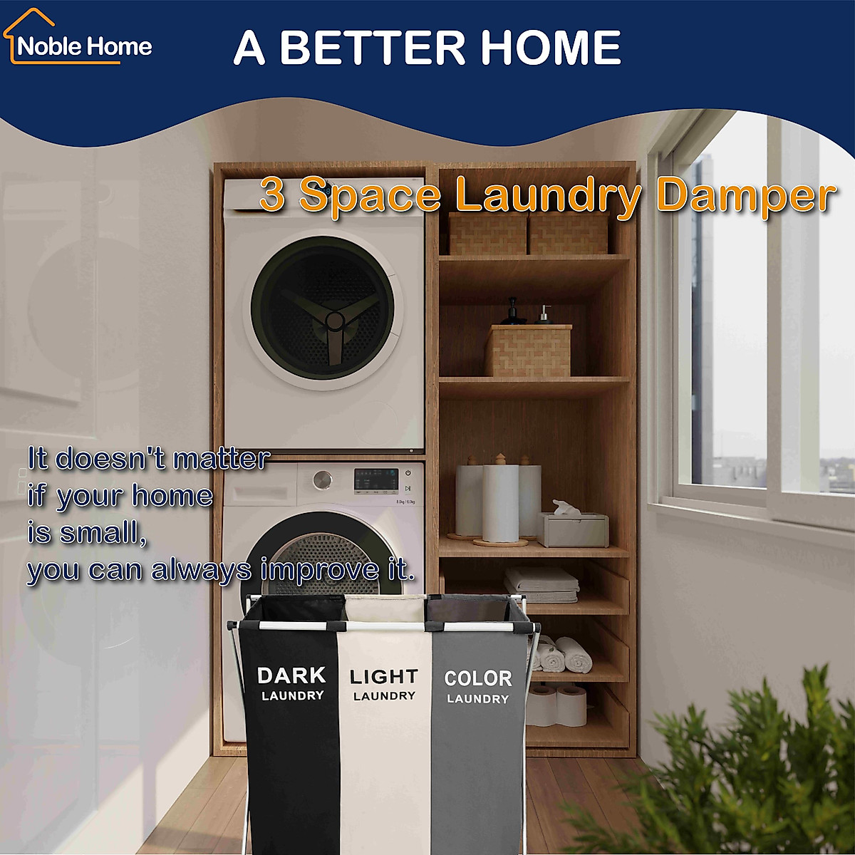 NOBLE HOME - Laundry Basket,Laundry Hamper,3 compartment laundry hamper,Dirty Clothes Hamper,bathroom accesories,Collapsible Laundry Baskets.Laundry Sorter,Hamper,Laundry Basket Sorter