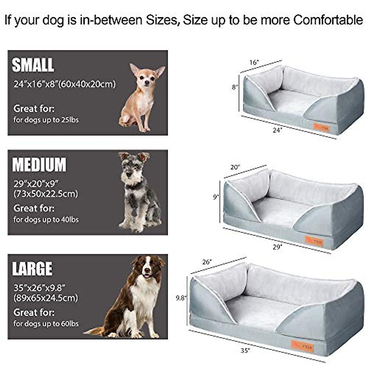 Fida Orthopedic Dog Bed with Memory Foam Base - Dog Lounge Sofa with Removable Washable Cover, Pets Couch Beds for Small Dogs & Cats (Large, Grey)