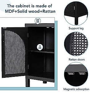 Large Storage Space Sideboard with 4 Artificial Rattan Door, Wooden Storage Cabinet with Metal Handles and Adjustable Shelves, Retro Console Table for Dining Room Living Room Entryway (Black)