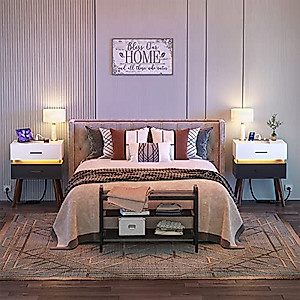 armocity Nightstands with Charging Station and LED Light, Bedside Table with Drawers, Modern Nightstand with Charging Port, Sturdy Night Stands with Light for Bedrooms, Guest Room, White and Black