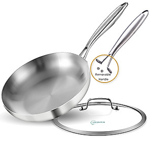 LOLYKITCH 10-12 Inch Tri-ply Stainless Steel Frying Pan Set with Lids,Skillets,Induction Cookware,Pots and Pans Set,Dishwasher and Oven Safe,Detachable Handle.