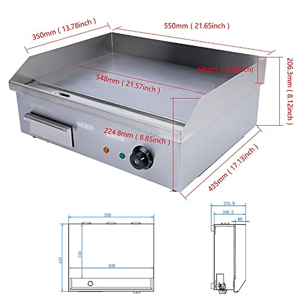3000W Commercial Griddle,22"x14”Electric Griddles Grill,Commercial Flat Top Griddle Countertop Griddle Hot Plate BBQ Kitchen Stainless Steel Restaurant Grill Griddle Temperature Control 50°F-300°F