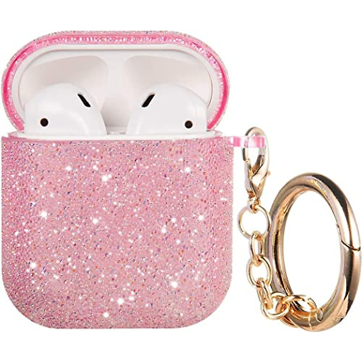 Bling Airpods Case, Cute Glitte Diamond Airpod 1st/2rd Case Cover for Girls Women, Rhinestone Airpods Protective Case with Keychain, Scratch Proof and Drop Proof (Pink)
