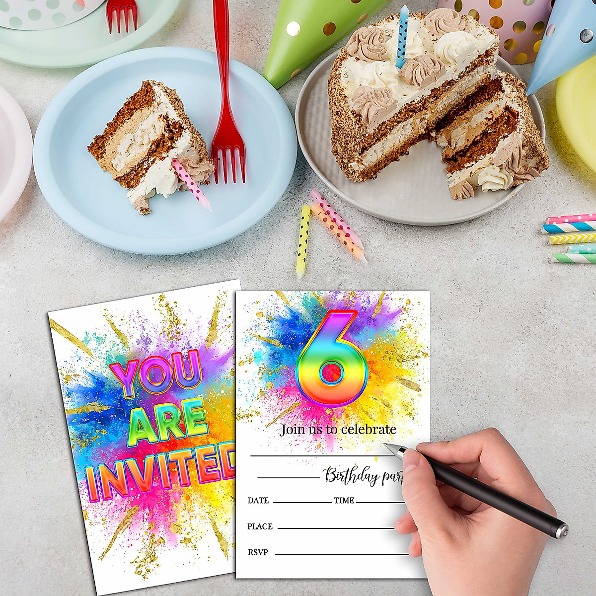 Ycyfckdr 6th Birthday Invitations for Kids, Rainbow Painting Birthday Party Invitation Cards, Gold Foil Party Celebration Supplies Decoration -20 Fill in Invitations with Envelopes (A02)