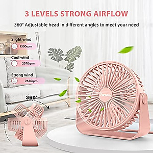 FARADAY USB Desk Fans 5 Inches Portable Table Fans 360° Head Rotation Small Personal Desktop Fan for Home Office, 3 Speeds, Pink