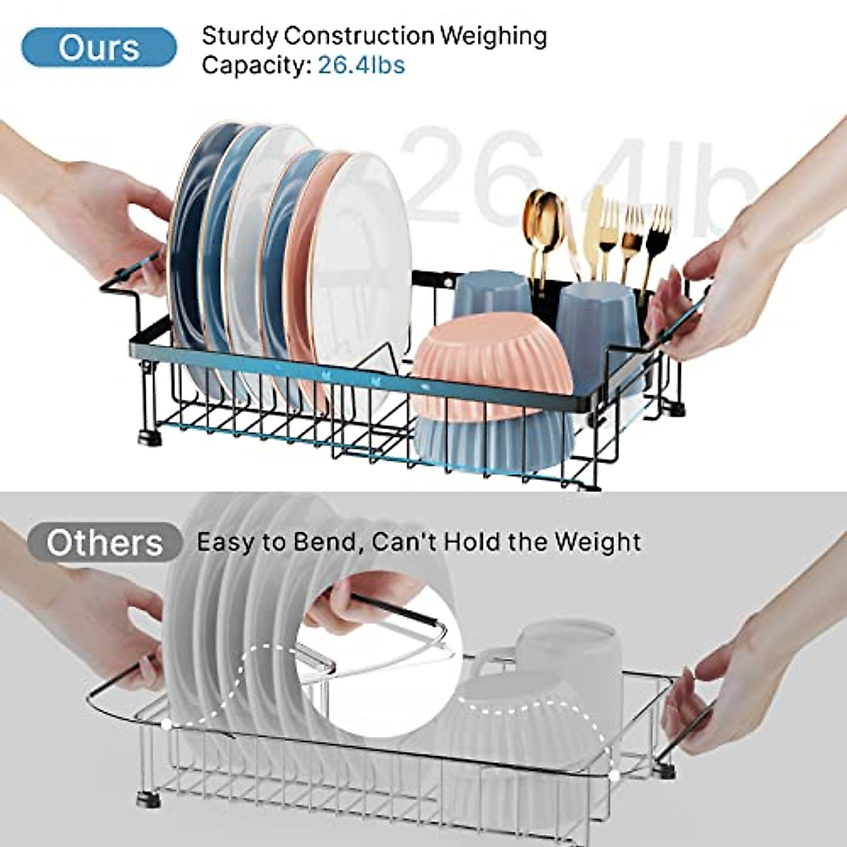 iSPECLE Sink Dish Drying Rack - 3 Sizes Adjustable Dish Rack(13.5'',15.3'',17'') - Over Sink Drying Rack, in Sink or on Counter Dish Drainer with Removable Cutlery Holder Large Capacity, Black
