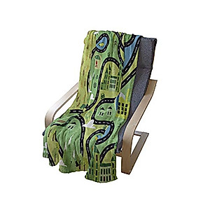 Ambesonne Cartoon Throw Blanket, Aerial View of Coastal Suburbs with Roads Style Hot Air Balloon Windmill, Flannel Fleece Accent Piece Soft Couch Cover for Adults, 50" x 70", Multicolor