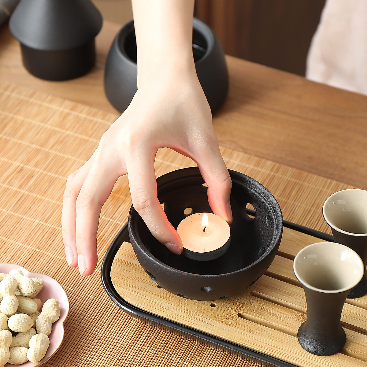 TEANAGOO Ceramic Sake Set with Warmer Pot Bamboo Tray, 10pcs/Set. T2 Regular Kraf Box Safe Packing, Sake Carafe(6 Oz) with 6 Sake Cups (0.9 Oz) for Hot or Cold Japanese Soju…