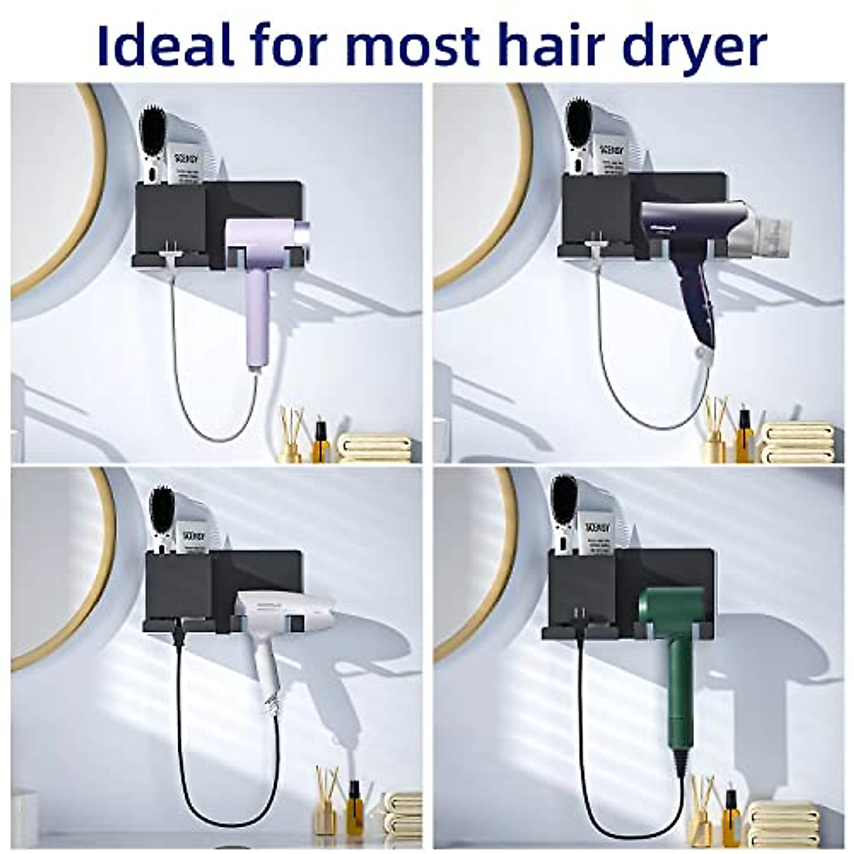 Hair Dryer Holder Wall Mount,Bathroom Blow Dryer Stand Wall Mounted Self Adhesive Hair Tool Holder Hair Styling Care Tool Organizer Hair Dryer Holder Rack Fit for Dyson Supersonic Dryers Black, UEMUSI