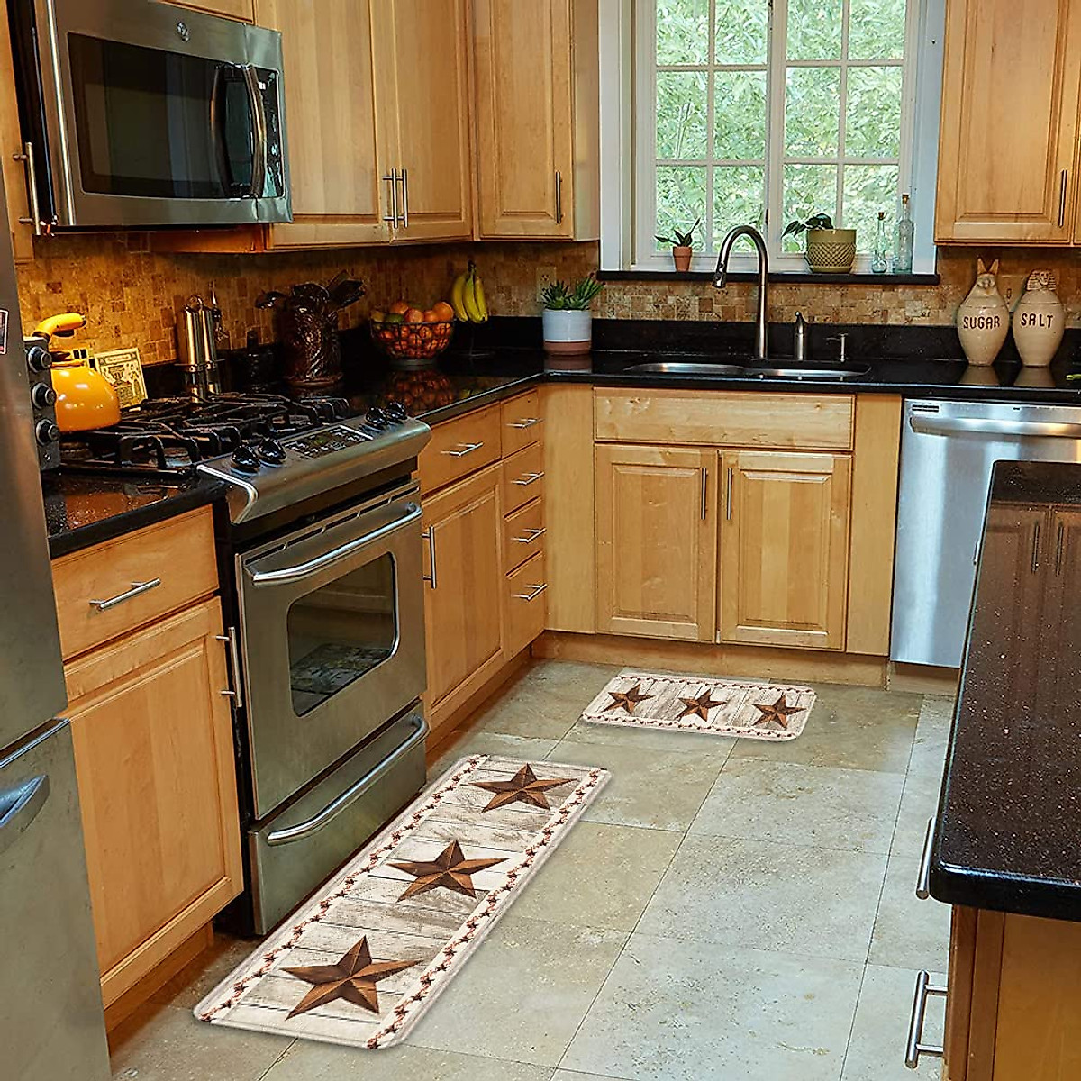 Rustic Kitchen Rugs Sets 2 Piece Floor Mats Western Texas Star and Primitive Berries on Country Wooden Plank Doormat Farm Wooden Area Runner Bath Rug Non Slip Chef Mat Farmhouse Carpet Set for Bedroom