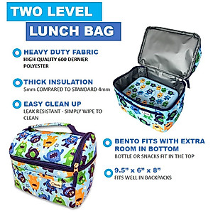 Stainless Steel Bento Box for Toddlers, Insulated Lunch Bag Water Bottle Set for Kids. Metal Snack Container for Small Children, Baby Boys, Toddler Daycare or Pre-School Lunches, Cute Blue Monster