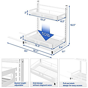 NETEL Under Sink Organizer,Pull Out Sliding Cabinet Basket Organizer 2 Tier Under Bathroom Storage Rack, Multi-Use for, Height Adjustable, With PP Frosted Pad, With strong double-sided adhesive, White