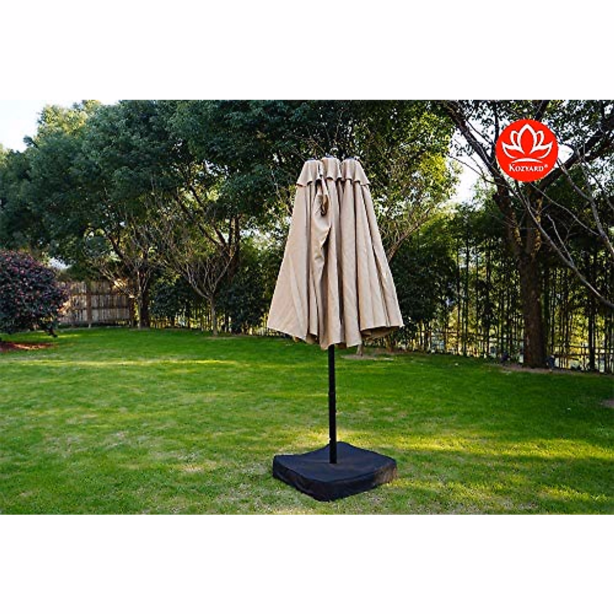 Kozyard Butterfly 14' Outdoor Patio Double-Sided Aluminum Umbrella with Crank and Base (Beige)