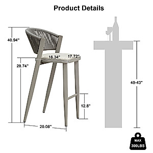 PURPLE LEAF Set of 2 Bar Stools Outdoor Barstools with Footrest Farmhouse Metal Bar Height Stools for Indoor Wicker Gray Bar Chairs