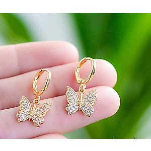 INENIMARTJ Butterfly Earrings Butterfly Dangle Earrings 14K Gold Small Crystal Butterfly Hoop Earrings for Women