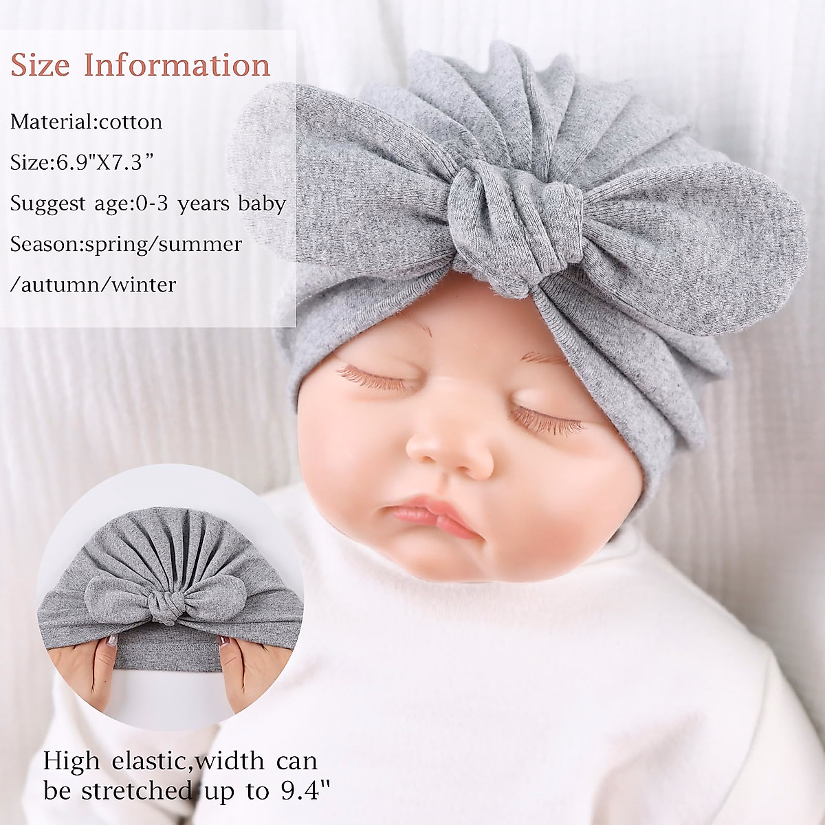 Baby Girl Turban Newborn Beanie Hat 5 Pieces Cotton Infant Girls Headwraps Toddler Kids Hats 0-3 Years (5Pcs-Bowknot-C)