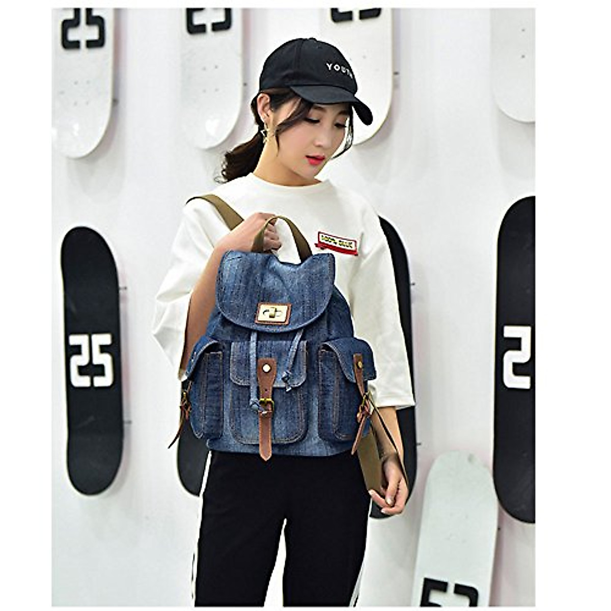 K-mover Women's And Girl's Denim Backpack School Bag Travel Bag Shoulder Bag (Blue)