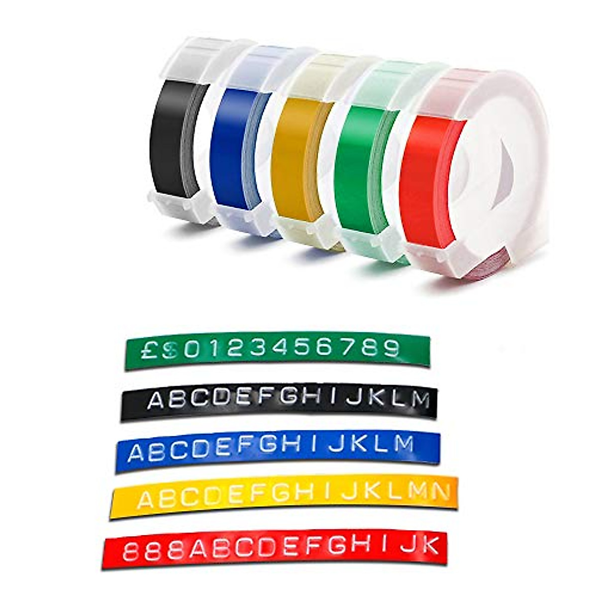Embossing Label Tape Compatible with Dymo Label Maker,3/8 Inch 3D Plastic Labels Replacement for Dymo Organizer Xpress 12965 DYM 12966 Office Mate II (White on Black/Red/Blue/Yellow/Green)