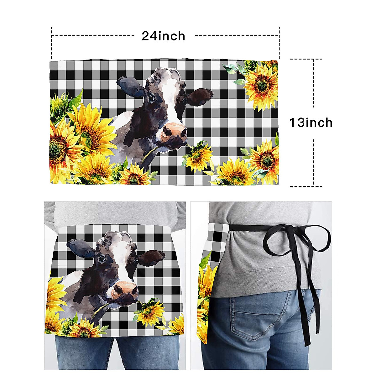 RisQiten Farm Cow Waitress Apron for Women/Men with 3 Pockets, Farmhouse Sunflower Black amd White Plaid Server Aprons Waterproof Kitchen Cooking Half Waist Apron
