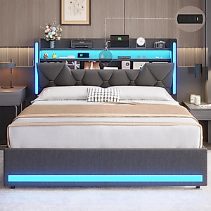 BYSAUD King Size Storage Bed Frame with Hidden Space and 2-Tier Shelves,King Bed Frame with Heaboard,King Size Bed Frame with LED Lights,Charging Station,No Box Spring Needed,Dark Gray,Linen Cloth