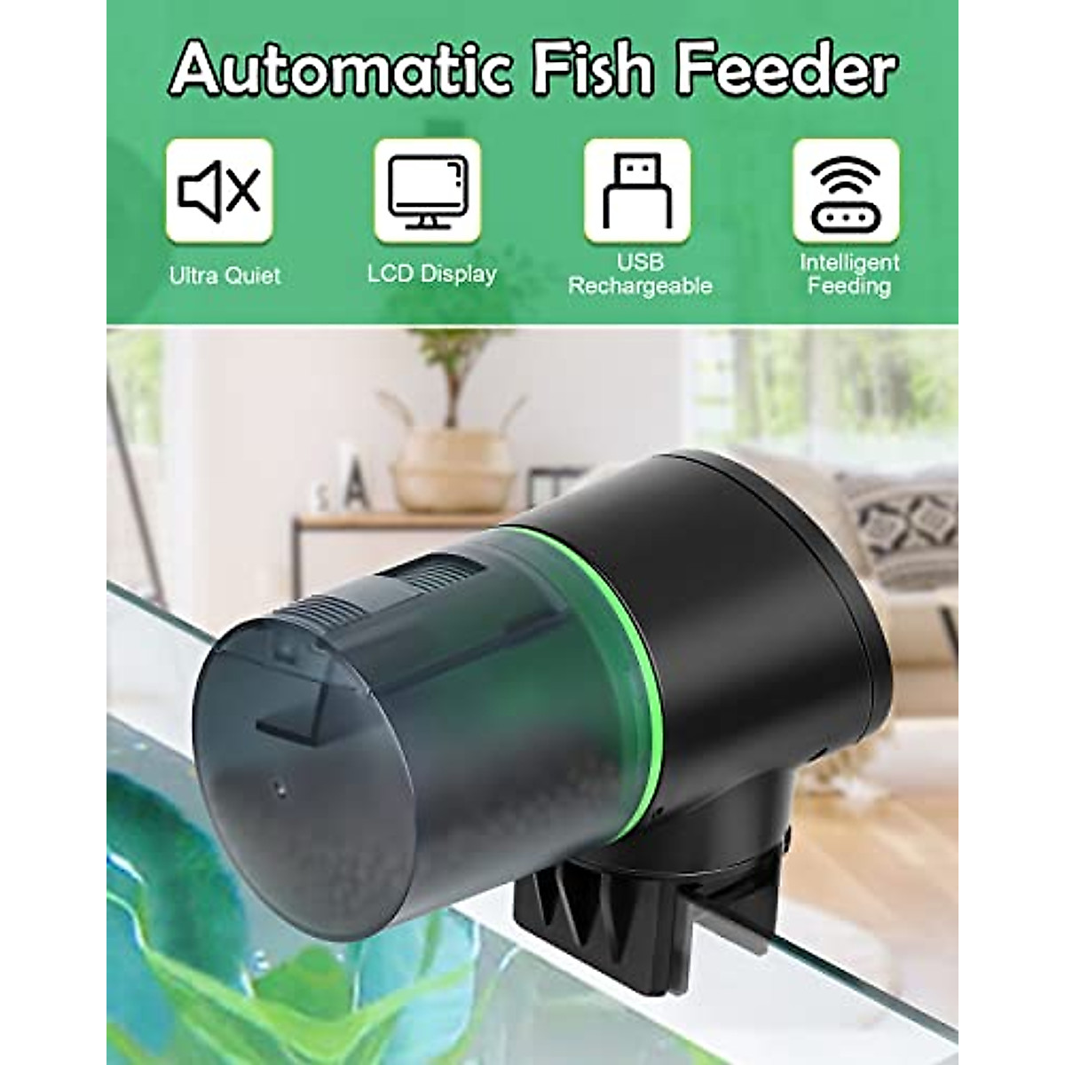 Petbank Automatic Fish Feeder - Rechargeable Timer Fish Food Dispenser with USB Charger Cable, for Aquarium or Fish Tank