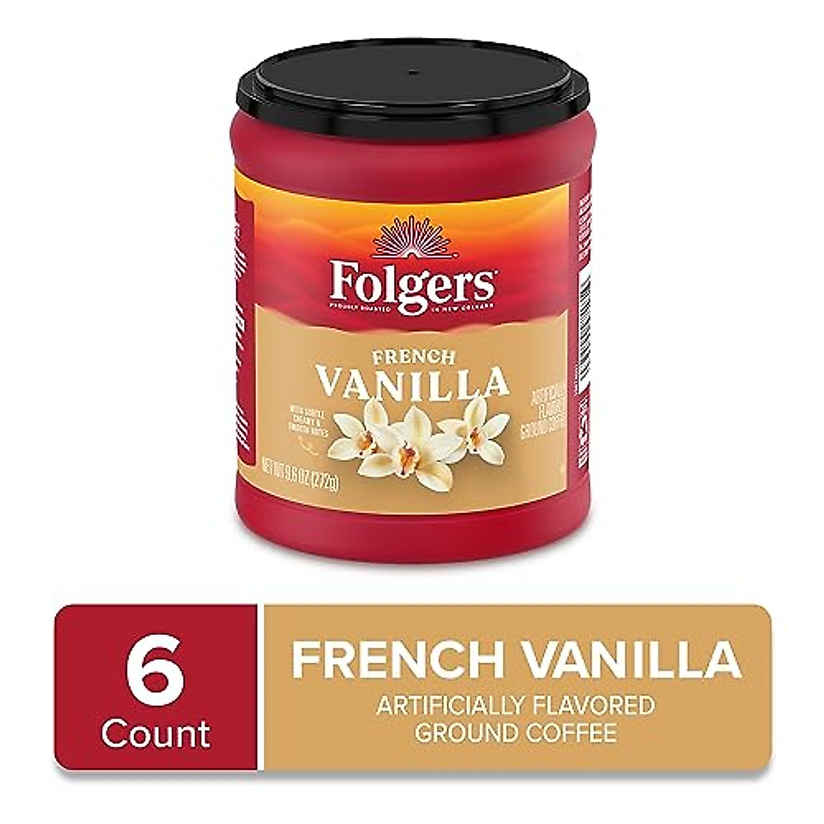 Folgers French Vanilla Flavored Ground Coffee, 9.6 Ounce Canister (Pack of 6)