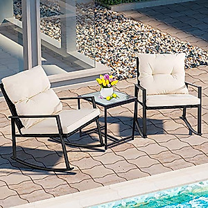 Walsunny 3 Pieces Patio Set Outdoor Wicker Patio Furniture Sets Modern Rocking Bistro Set Rattan Chair Conversation Sets with Coffee Table(Beige)