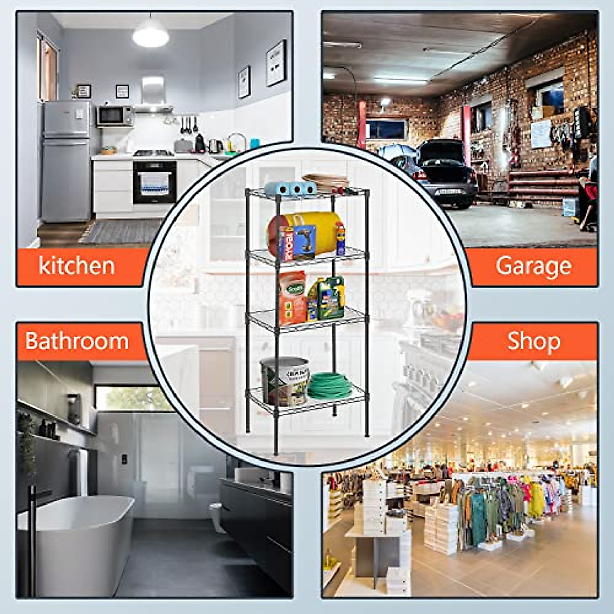 FDW 18L x 12W x 44H Wire Shelves Metal Shelf with 4 PP Sheets Storage Shelves 4 Tier Layer Storage Shelves for Laundry Bathroom Kitchen Garage,Black