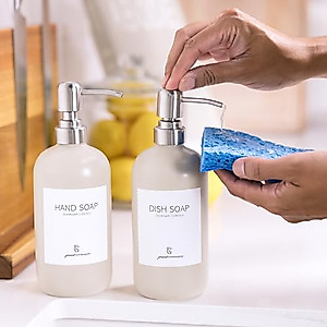 GraceHomewares Stoneware Ceramic Dish Soap Dispenser for Kitchen Sink | Kitchen Soap Dispenser Set | Soap Holder Bathroom Hand Soap Dispenser | Waterproof Labels | 2 Pack | Warm Grey w/Silver Pump
