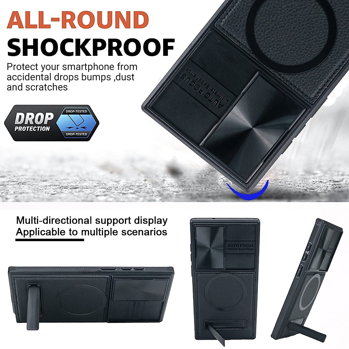 KUGEW for Samsung Galaxy S23 Ultra Case with Kickstand & Camera Cover, 3-Way Metal Stand[Horizontal & Vertical Stand] Luxury Leather Back Slim Fit Rugged Bumper Cover Heavy Duty Shockproof (Black)