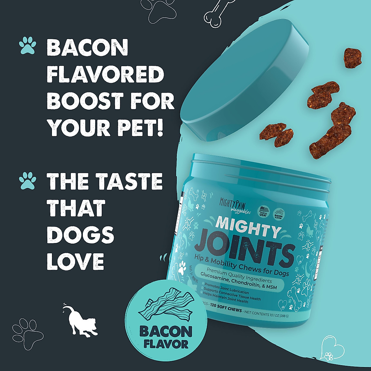 Mighty Paw Waggables Joint Support Supplement for Dogs (Made in USA) | Glucosamine for Dogs Hip and Joint Supplement. Vet Formulated Pet Mobility, Chondriotin & MSM Dog Joint Supplement Chews (120 Ct)