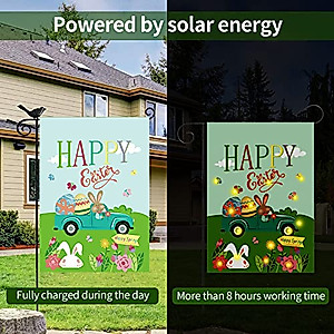 Happy Easter Garden Flag with Lights Solar Powered Double Sided Welcome Spring Outdoor Decor Yard Flag Lights Rabbit Lawn Outdoor Decoration 12.5 x 18 Inch Linen Flag Easter Gift Garden Decor Flag Lights