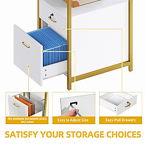 DWVO U Shaped Desk with Drawers, 79" Reversible L Shaped Desk with Power Outlets & LED Lights, Corner Computer Desk with Monitor Stand & Storage Shelves, White & Gold