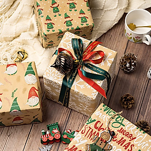 RUSPEPA Christmas Wrapping Paper, Kraft Paper - Santa Claus, Gnome, Snowflake and Merry Christmas - 4 Rolls - 30 inches x 10 feet per Roll
