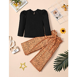 MIGU Toddler Girl Clothes 4T-5T Girls Fashion Clothes Black Round Neck Puff Sleeves Knitted Shirt Long Sleeve Top Leopard Print Spotted Pants Headband 3Pcs Girls Gifts Set
