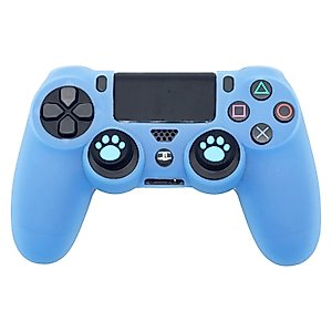 Controller Skin for PS4,BRHE Anti-Slip Grip Silicone Cover Protector Case Compatible with PS4 Slim/PS4 Pro Wireless/Wired Gamepad Controller with 2 Cat Paw Thumb Grip Caps (Blue)