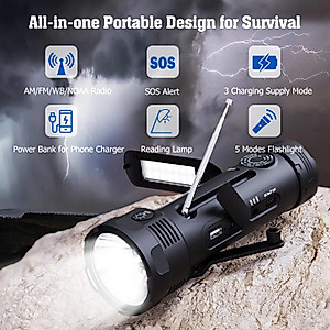 PPLEE NOAA Emergency Flashlight Rechargeable with Weather Radio,AM/FM Weather Alert Solar Hand Crank Survival Radio,Battery Powered Radio,Reading Lamp,USB Phone Charger,SOS Alarm