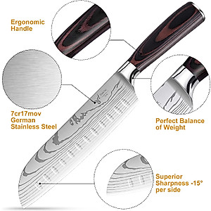 Bekhic Santoku Knife- SKnife Pro Kitchen Knife 7 Inch Kitchen Knife Asian Knife Japanese Chef Knife made of German High Carbon Stainless Steel ，Ergonomic Handle, Ultra Sharp (Silver&Maroon)