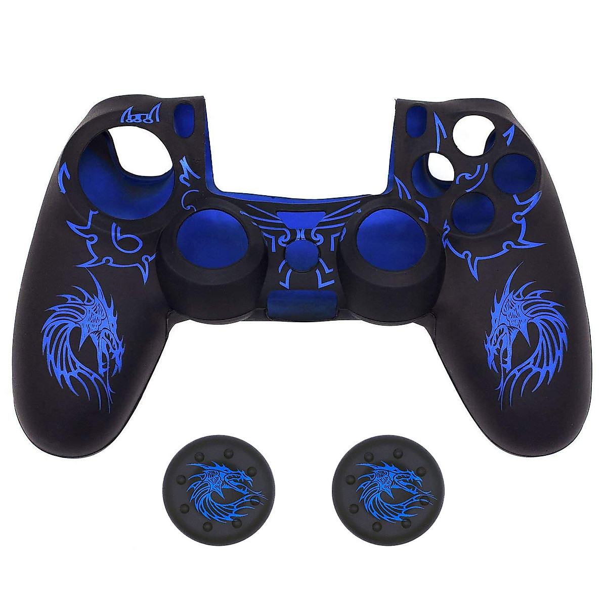 Controller Skin for PS4, BRHE Anti-Slip Grip Silicone Cover Protector Case Compatible with PS4 Slim/PS4 Pro Wireless/Wired Gamepad Controller with 2 Dragon Carving Thumb Grip Caps