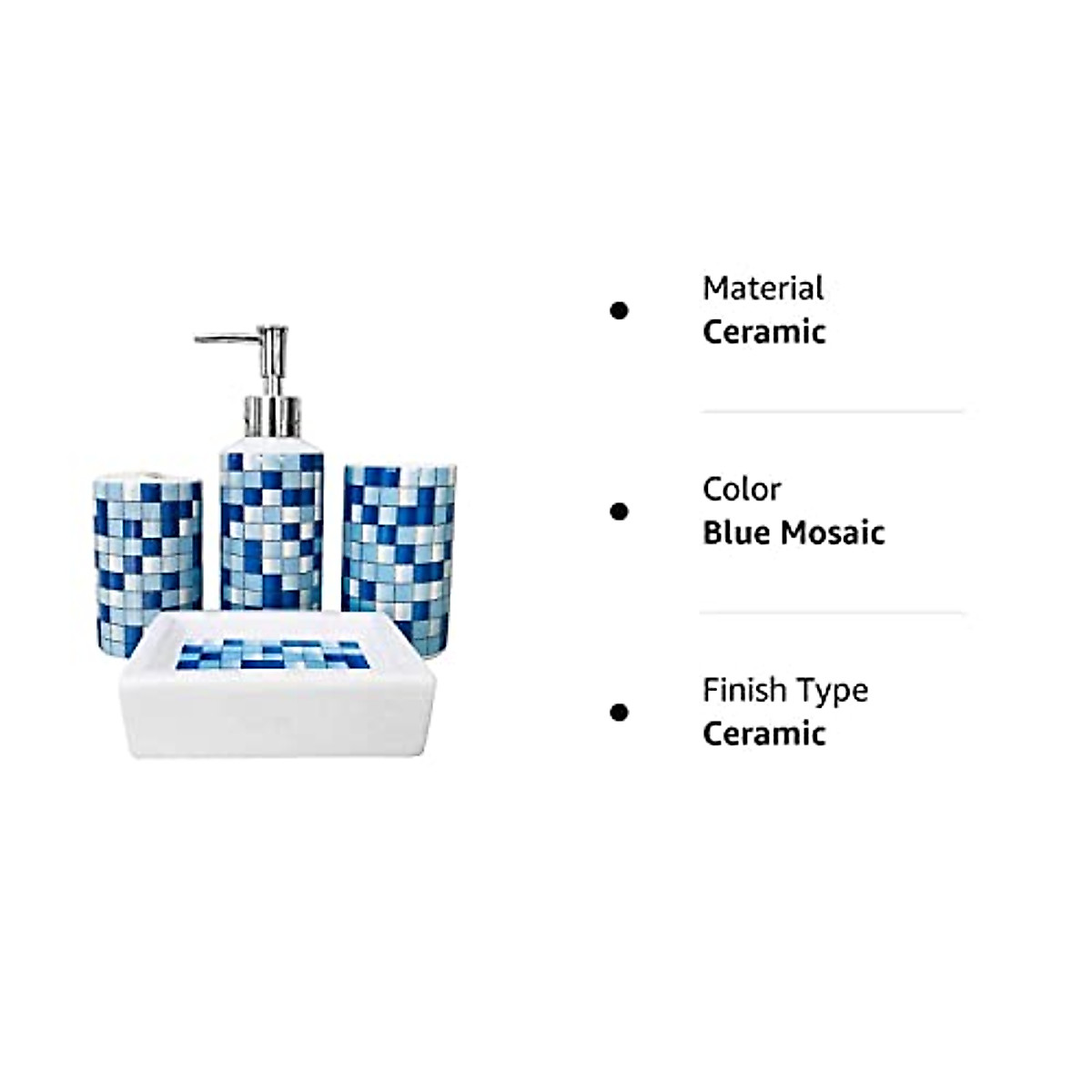 AUANIYAN Ceramic Bathroom Accessories Set, 4 Pieces Modern Design Bath Set Soap Dispenser,Toothbrush Holder, Tumbler,Soap Dish（Blue Mosaic）