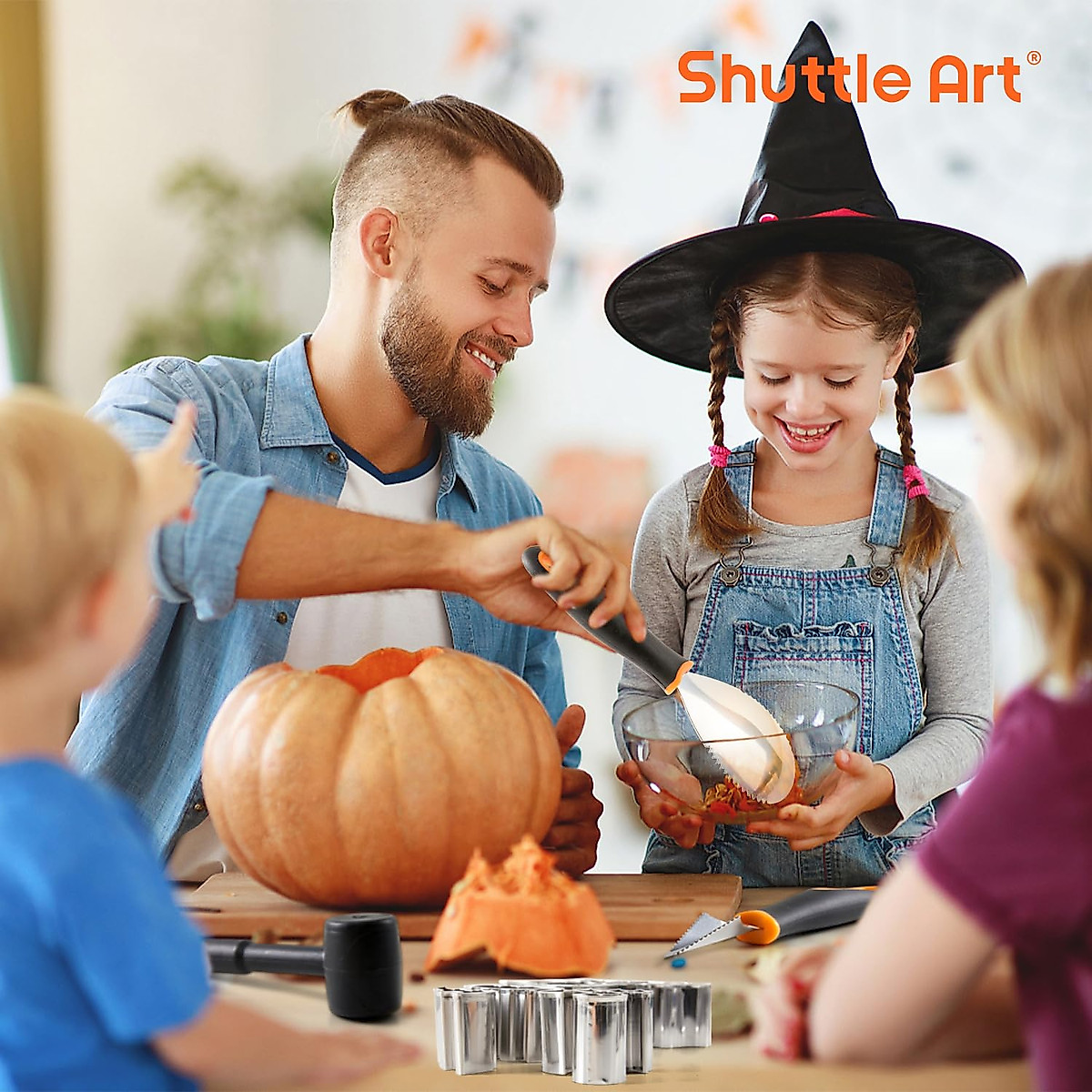 Shuttle Art 29PCS Halloween Pumpkin Carving Kit, 22 PCS Stainless Steel Pumpkin Carving Stencils with 4 Electronic Candles & 3 Carving Tools, Easy Safe Fun and Durable for Kids Adults Pumpkin Carving