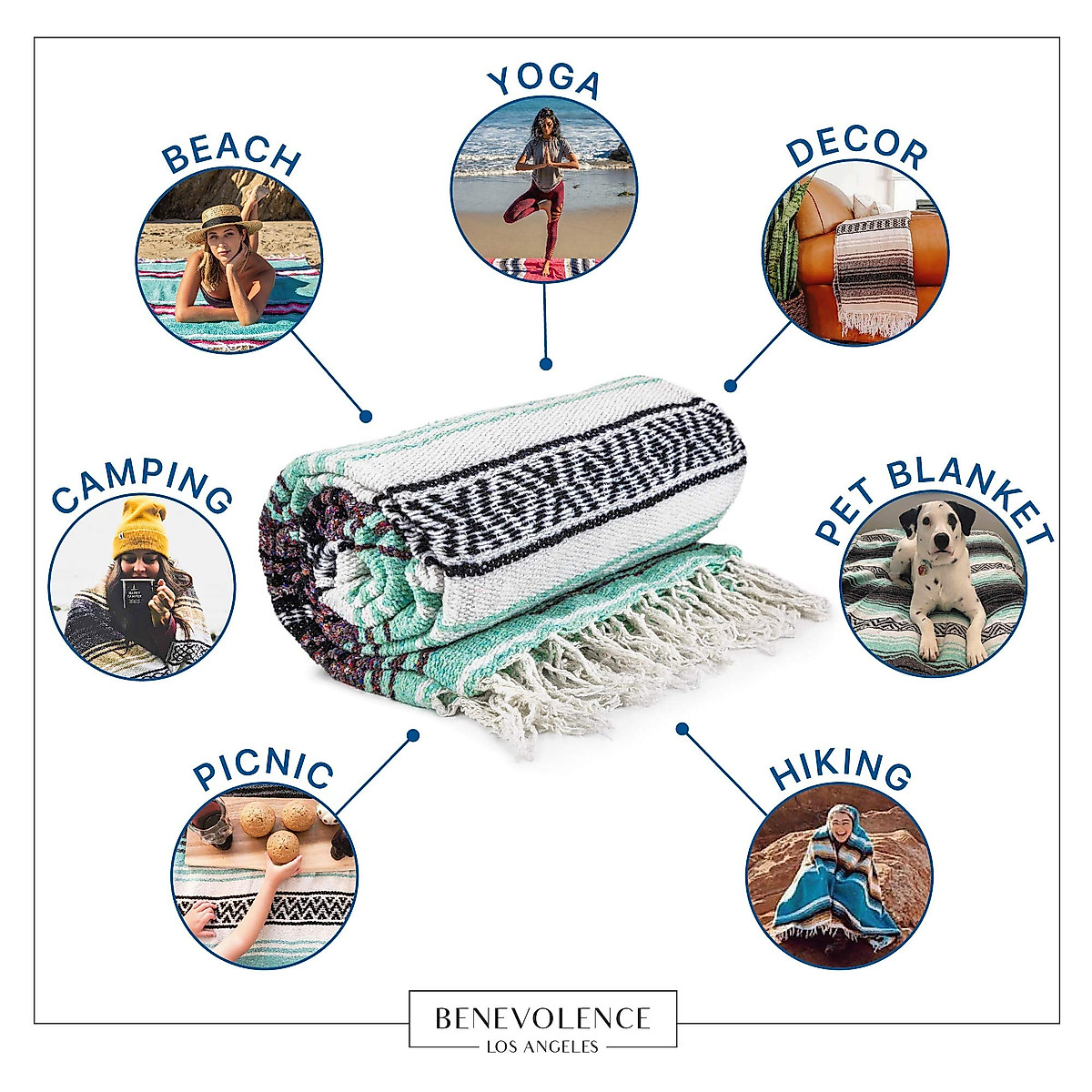Benevolence LA Authentic Handwoven Mexican Blanket, Yoga Blanket - Perfect Outdoor Picnic Blanket, Camping Blanket, Equestrian Saddle Blanket, Serape Blanket 50x70 inches - Mint, Pack of 1